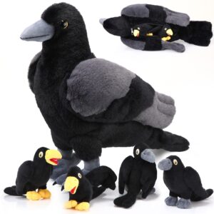 hydren 5 pcs black bird plush toy set 14 inch large realistic mommy bird stuffed animal with 4 small babies plushies in zippered tummy for holiday birthday party favors decor(crow)