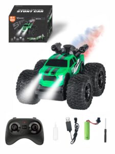 rc stunt car, rc monster trucks 4x4 offroad, 4wd 360° flips rotating car toys for boys and girls, toddler remote control car with spray function, ideal birthday for kids (green)