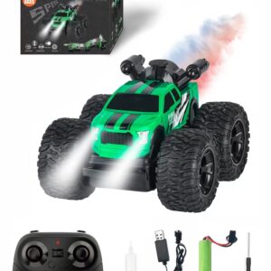 RC Stunt Car, RC Monster Trucks 4x4 Offroad, 4WD 360° Flips Rotating Car Toys for Boys and Girls, Toddler Remote Control Car with Spray Function, Ideal Birthday for Kids (Green)