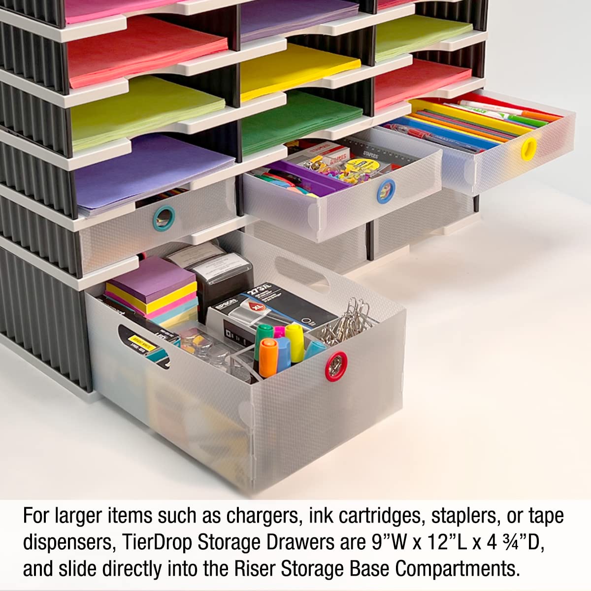 Ultimate Office TierDrop Supply Drawers Measure 9w x 12d x 2 1/4 Inches High for Desk Accessories and Supplies, Set of 3, Includes Color-Coded Finger Rings for Fast and Easy Access to Contents