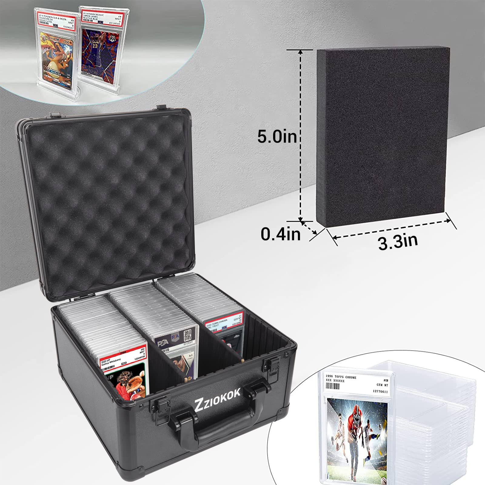 Graded Card Storage Box 120 BGS SGC PSA Sports Card Slab Case Waterproof Display Trading Card Case Aluminum Graded Card Display Case with Removable EVA insert boards and Padlock holes(3 Slots No Card)