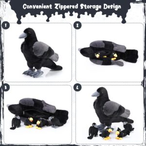 HyDren 5 Pcs Black Bird Plush Toy Set 14 Inch Large Realistic Mommy Bird Stuffed Animal with 4 Small Babies Plushies in Zippered Tummy for Holiday Birthday Party Favors Decor(Crow)