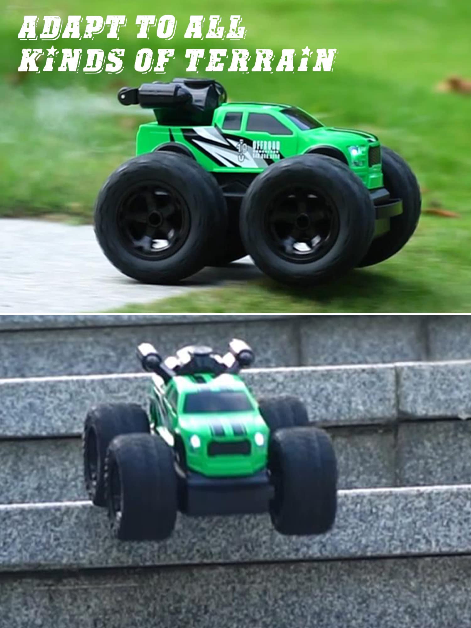 RC Stunt Car, RC Monster Trucks 4x4 Offroad, 4WD 360° Flips Rotating Car Toys for Boys and Girls, Toddler Remote Control Car with Spray Function, Ideal Birthday for Kids (Green)