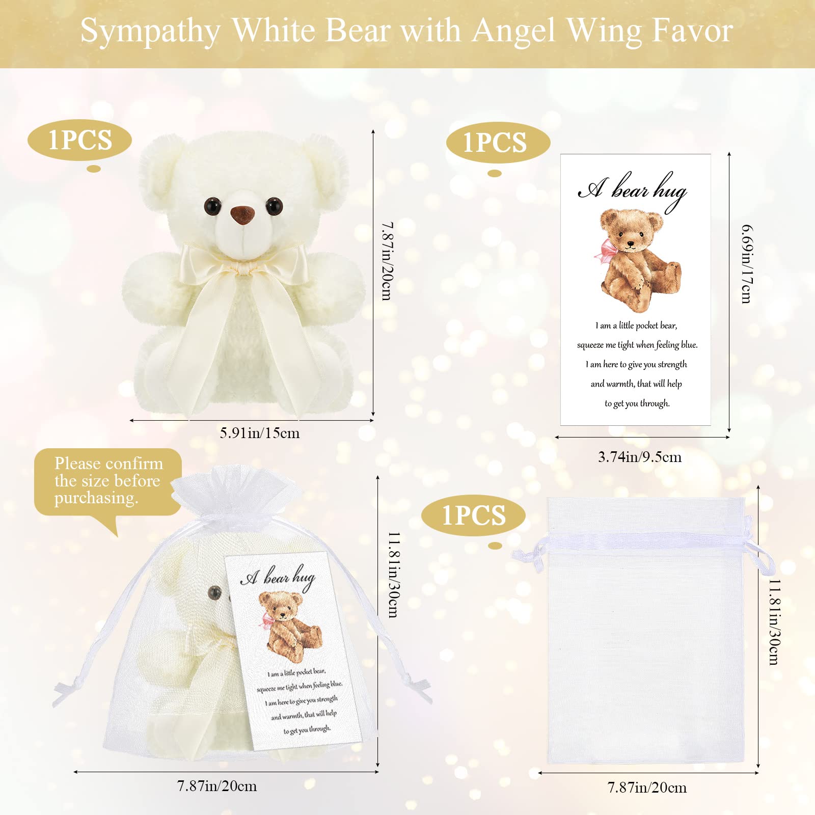 HyDren Angel Bear Plush Stuffed Animal Bear Sympathy White Bear Dolls Gift Ribbon Bow and Condolences Card for Kid Boy Girl Funeral Memorial Comfort Loss of Loved One