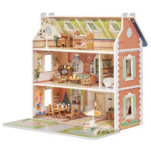 robud wooden dollhouse for kids girls, pretend play toy gift for 3 4 5 6 years old girls boys