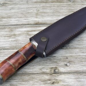 SHOKUNIN USA 7-Inch Full-Tang Damascus Steel Bowie Hunting Knife: Unique Bone Handle with Damascus Guard and Premium Leather Sheath Included