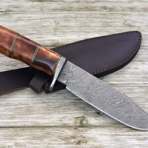 SHOKUNIN USA 7-Inch Full-Tang Damascus Steel Bowie Hunting Knife: Unique Bone Handle with Damascus Guard and Premium Leather Sheath Included