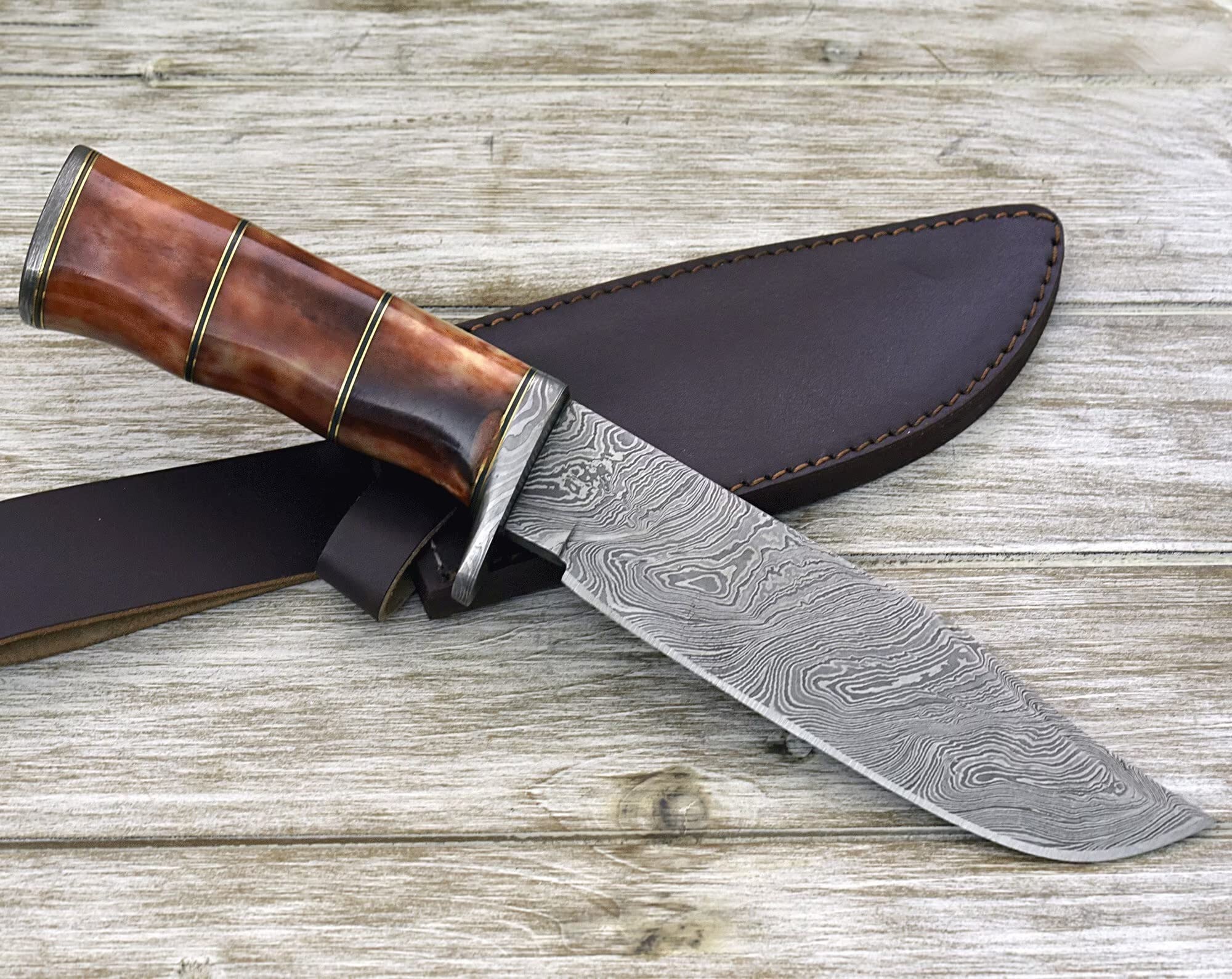 SHOKUNIN USA 7-Inch Full-Tang Damascus Steel Bowie Hunting Knife: Unique Bone Handle with Damascus Guard and Premium Leather Sheath Included