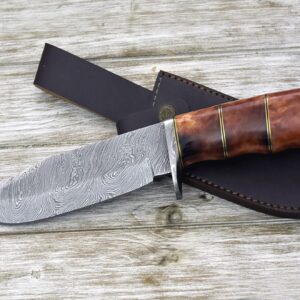 SHOKUNIN USA 7-Inch Full-Tang Damascus Steel Bowie Hunting Knife: Unique Bone Handle with Damascus Guard and Premium Leather Sheath Included