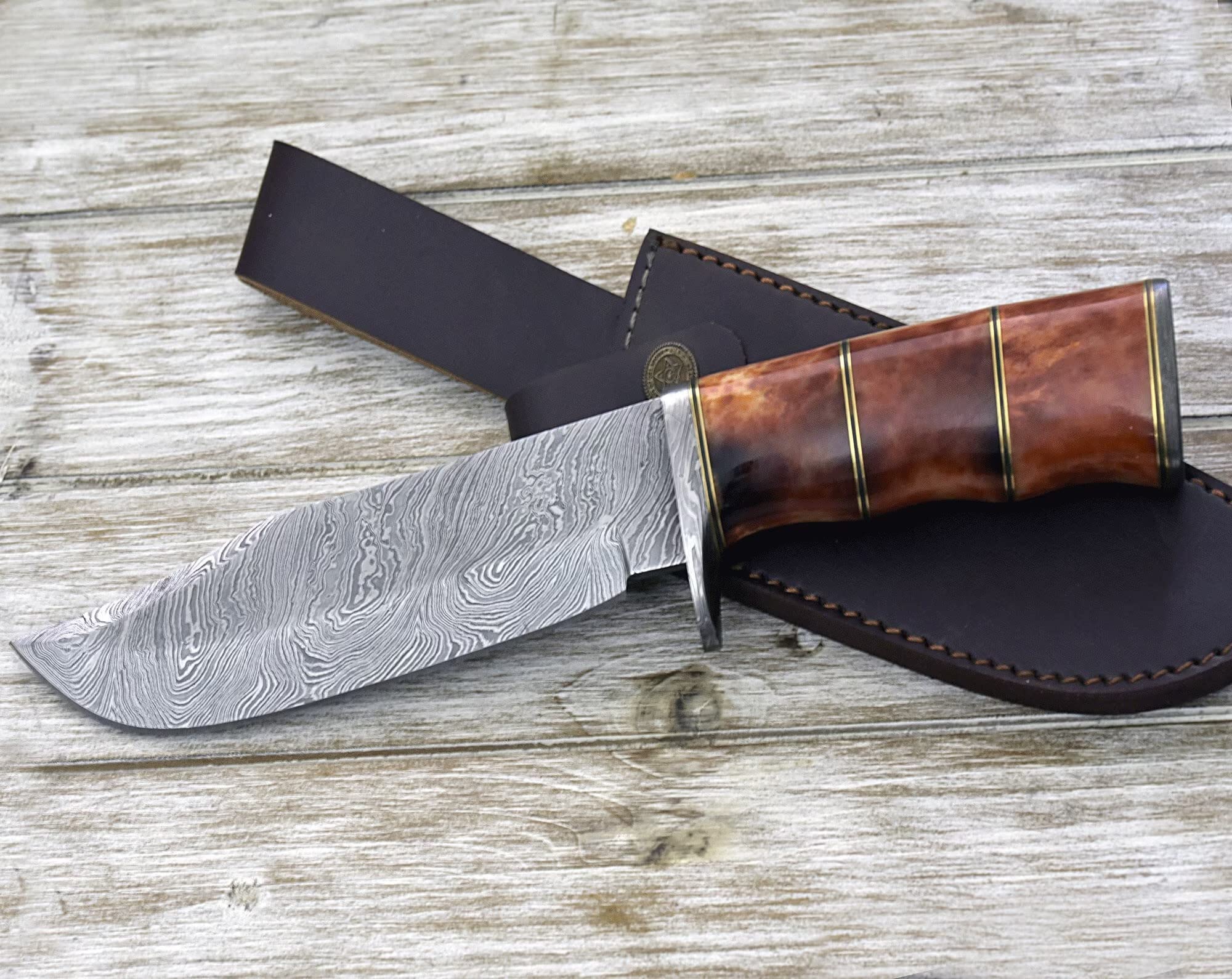 SHOKUNIN USA 7-Inch Full-Tang Damascus Steel Bowie Hunting Knife: Unique Bone Handle with Damascus Guard and Premium Leather Sheath Included