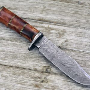 SHOKUNIN USA 7-Inch Full-Tang Damascus Steel Bowie Hunting Knife: Unique Bone Handle with Damascus Guard and Premium Leather Sheath Included