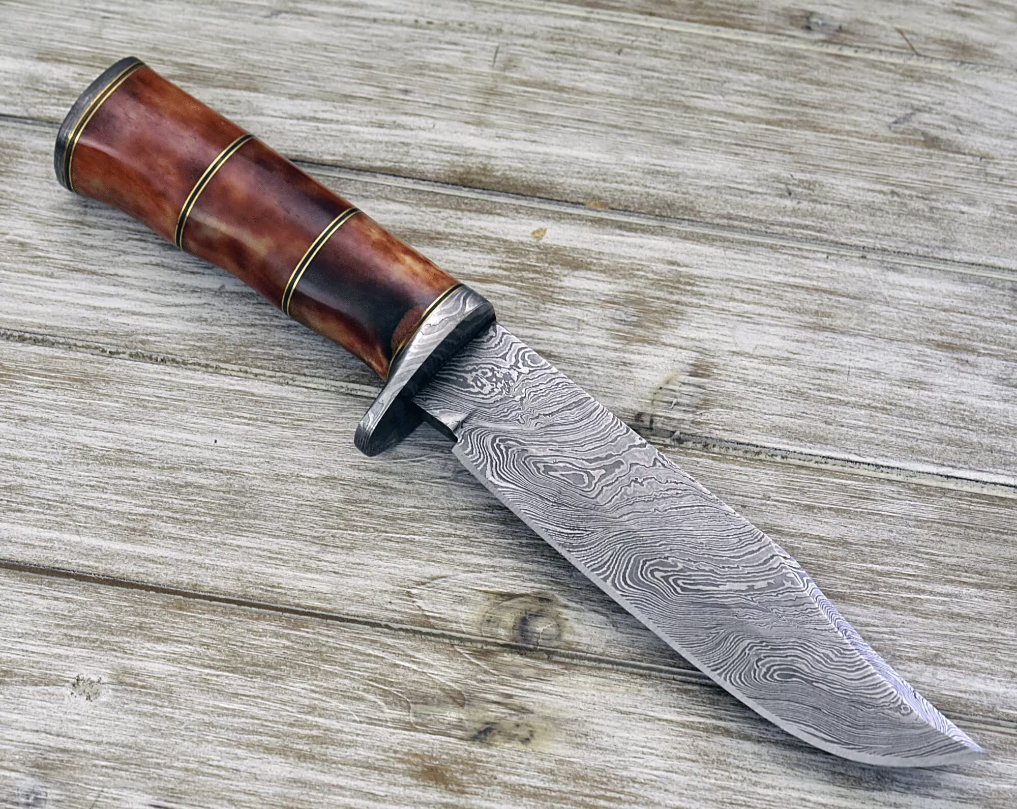 SHOKUNIN USA 7-Inch Full-Tang Damascus Steel Bowie Hunting Knife: Unique Bone Handle with Damascus Guard and Premium Leather Sheath Included