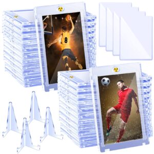 60 pcs magnetic card holder set, baseball card protectors hard plastic with acrylic display stands, 35pt magnet card holder for trading cards sports game card display