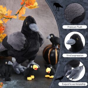 HyDren 5 Pcs Black Bird Plush Toy Set 14 Inch Large Realistic Mommy Bird Stuffed Animal with 4 Small Babies Plushies in Zippered Tummy for Holiday Birthday Party Favors Decor(Crow)