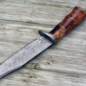 SHOKUNIN USA 7-Inch Full-Tang Damascus Steel Bowie Hunting Knife: Unique Bone Handle with Damascus Guard and Premium Leather Sheath Included