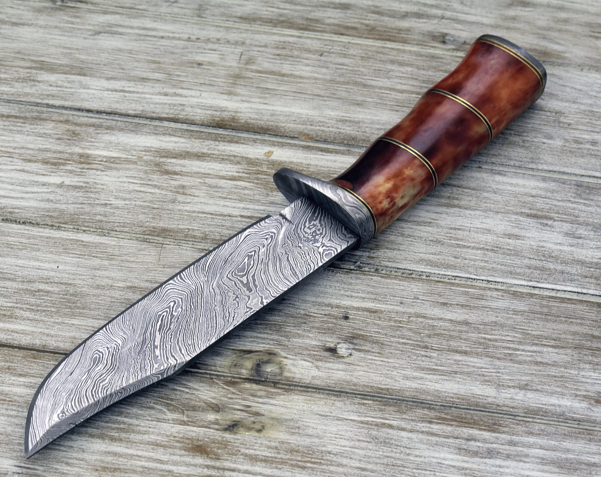 SHOKUNIN USA 7-Inch Full-Tang Damascus Steel Bowie Hunting Knife: Unique Bone Handle with Damascus Guard and Premium Leather Sheath Included