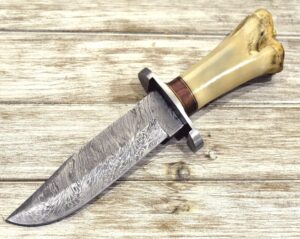 shokunin usa damascus hunting knife, forged custom bowie knife, 12.0",hand made, personalized camping knife, bone handle, hand stitched leather sheath knife