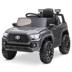 blitzshark 12v kids ride on car licensed toyota tacoma battery powered motorized electric vehicle, with remote control, digital display, spring suspension, storage space, music & fm, grey