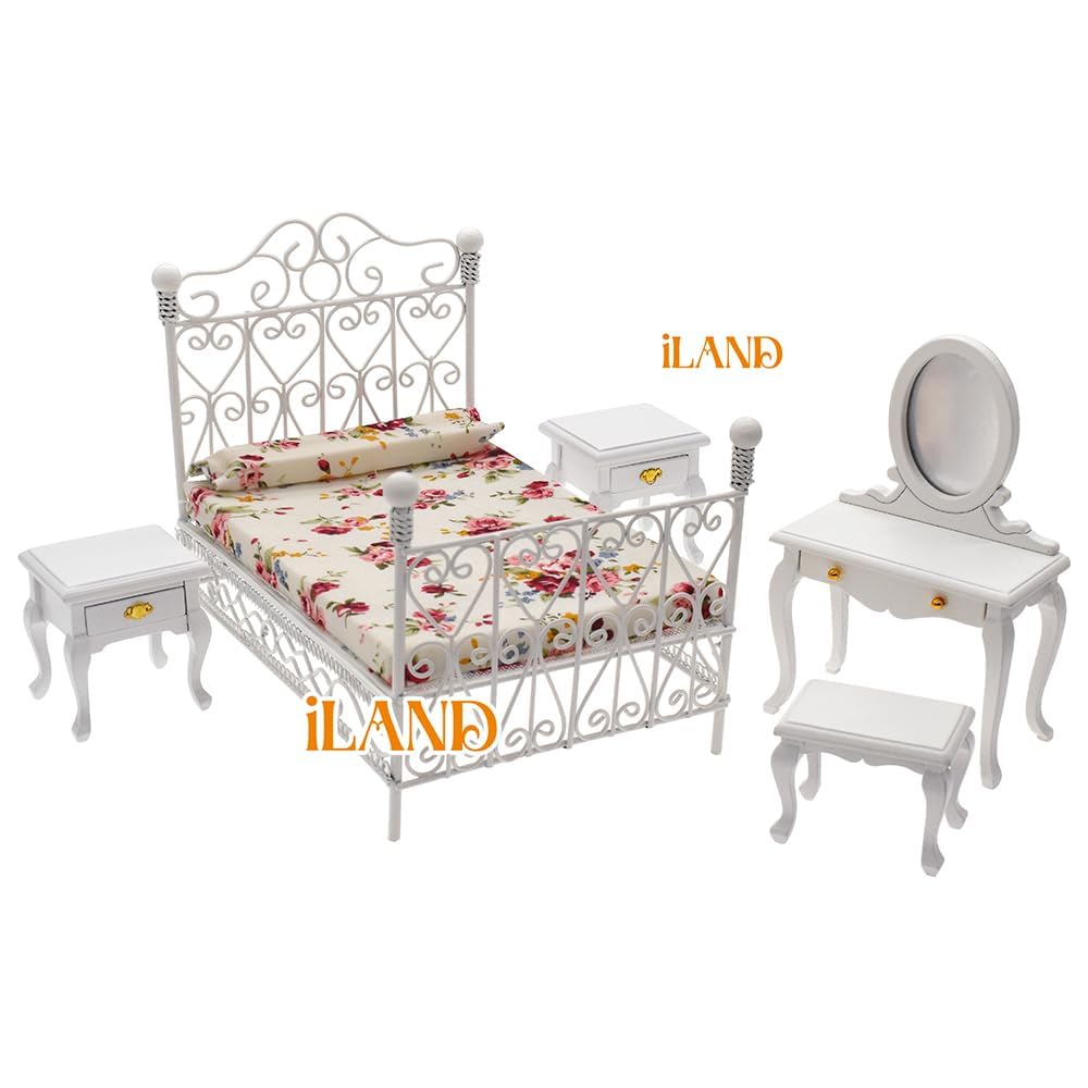 iLAND Victorian Dollhouse Furniture on 1:12 Scale, Dollhouse Bed Set 5pcs