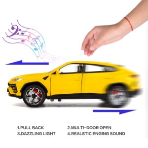 BDTCTK Compatible for 1:24 Lambo Urus Car Model, Diecast Pull Back Car Toy car, Doors Open, Light and Sound, Boys Toys Kids Adults Gifts Yellow