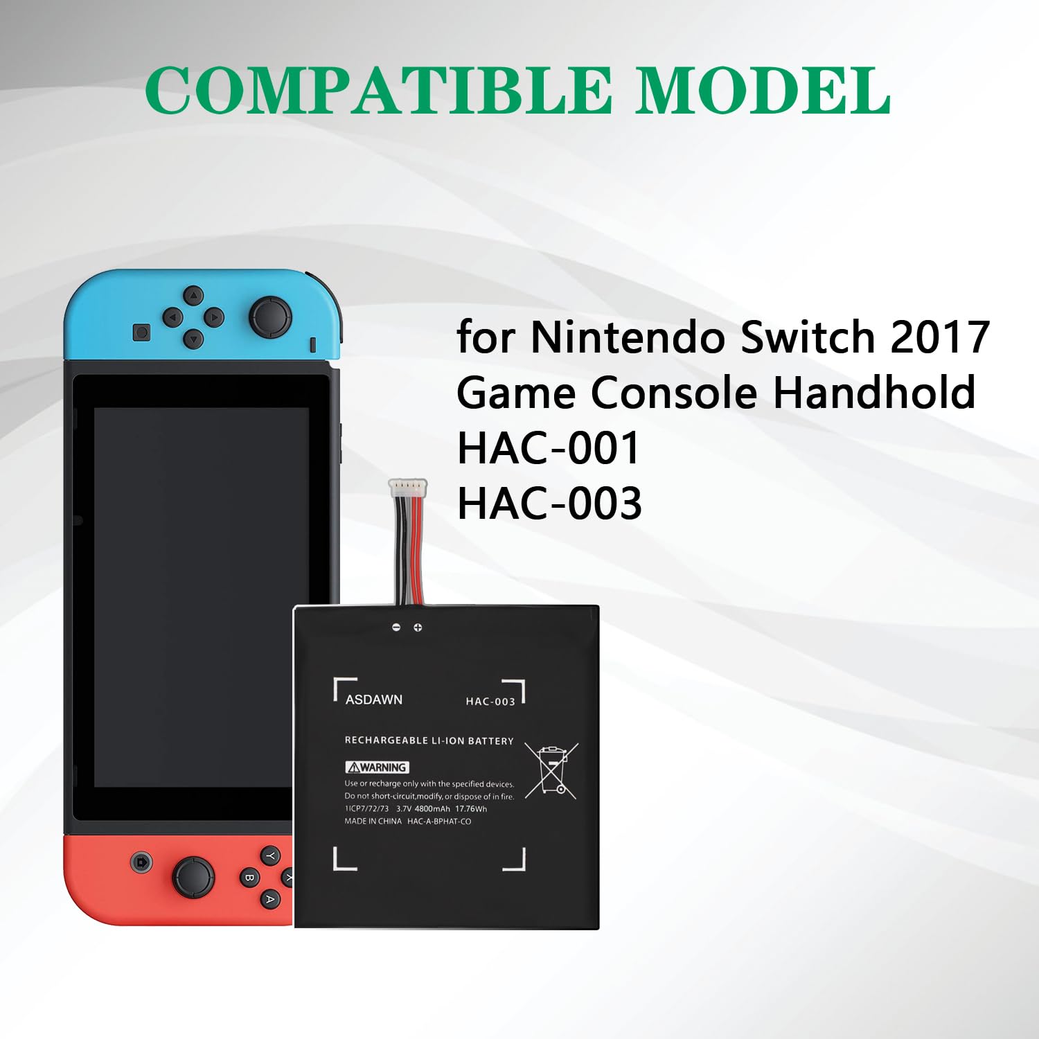 ASDAWN 4800mAh HAC-003 Battery Replacement for Nintendo Switch 2017 Game Console Handhold HAC-001 Internal, Upgraded Capacity Battery for Nintendo Switch HAC-A-BPHAT-CO HAC-S-JP/EU-CO with Tool Kit