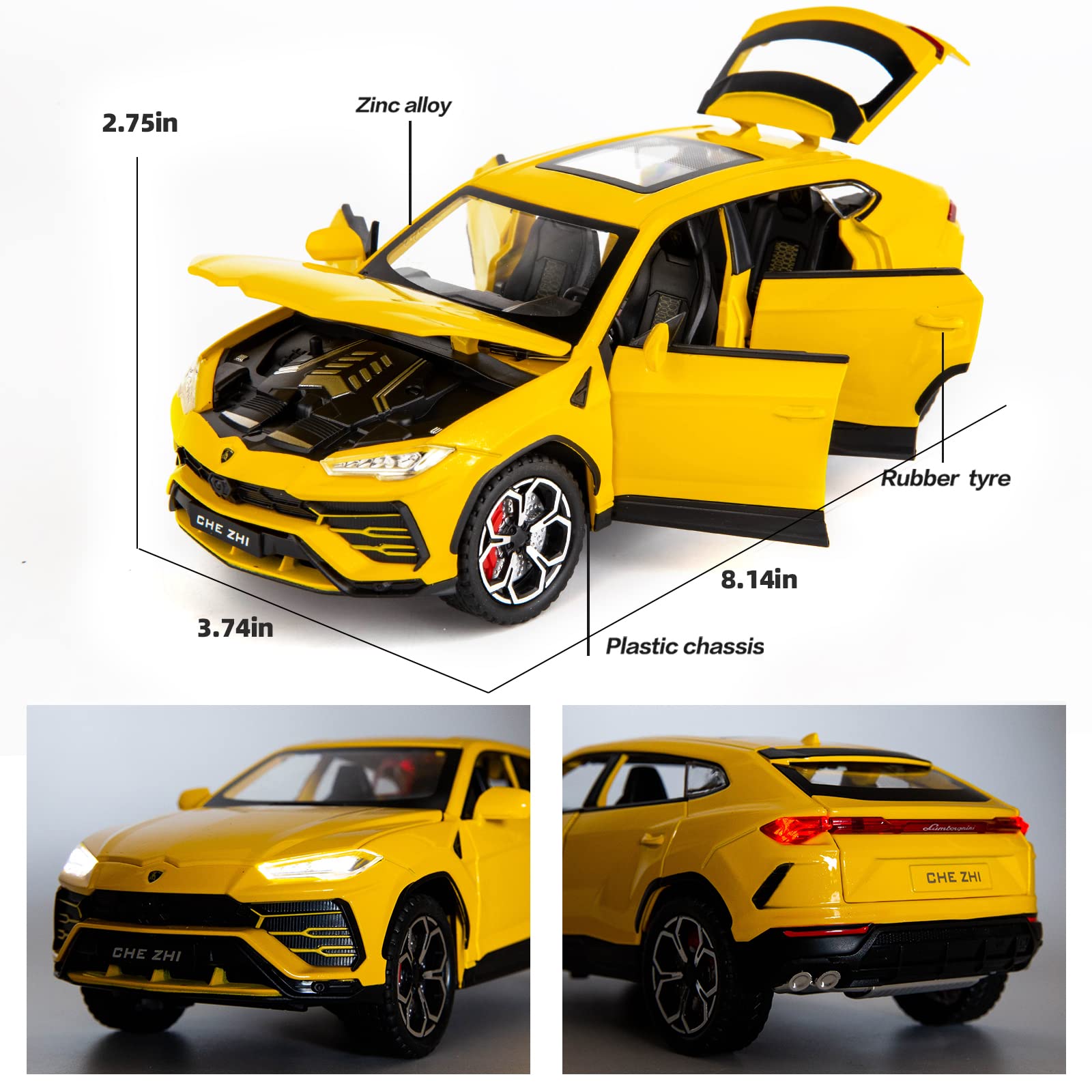 BDTCTK Compatible for 1:24 Lambo Urus Car Model, Diecast Pull Back Car Toy car, Doors Open, Light and Sound, Boys Toys Kids Adults Gifts Yellow