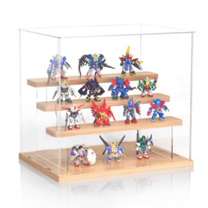 display case, innoaura acrylic display case box with sticker, 4 tier wood base display cases for collectibles, action figure display case for doll toy mini figure (11.8x8.7x11 inch)