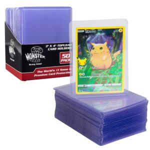 monster top loaders for collectible trading cards - 50 count 3"x4" clear hard plastic card protector toploader sleeves compatible w mtg, magic the gathering, yugioh, pokemon, sports cards & all tcgs