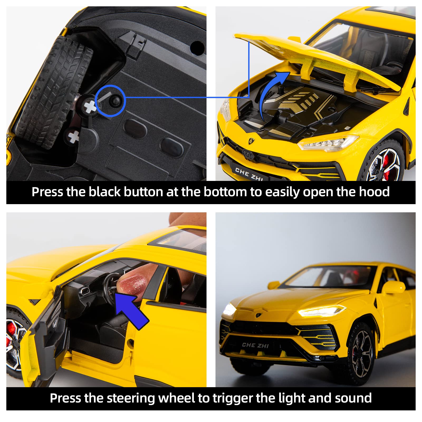 BDTCTK Compatible for 1:24 Lambo Urus Car Model, Diecast Pull Back Car Toy car, Doors Open, Light and Sound, Boys Toys Kids Adults Gifts Yellow