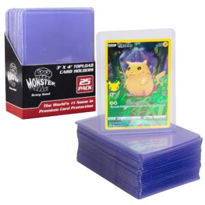 monster top loaders for collectible trading cards - 25 count 3"x4" clear hard plastic card protector toploader sleeves compatible w mtg, magic the gathering, yugioh, pokemon, sports cards & all tcgs