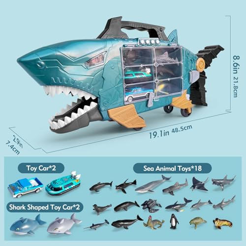 Shark Toys with led, Music Ocean Animals Toys, Shark Truck Toys with 2pcs Toy Trucks, 2pcs Shark Cars,18pcs sea Animal Toys for 3+ Year Old Kids