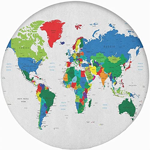 World Map Round Fitted Tablecloth with Elastic Edge, Colorful Political Print XXLarge Polyester Table Pad, Fit Round Tables up 65"-71" Diameter, for Wedding Party Dining Banquet