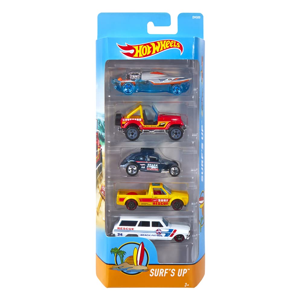 Hot Wheels Die-Cast Vehicle 5 Pack - Surf's Up ~ Includes: Mad Splash, CJ-7, Custom VW Beetle, VW Caddy, '64 Chev Nova Station Wagon