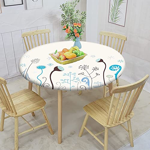 Winter Round Fitted Tablecloth with Elastic Edge, Cute Seasonal Flowers with Snowflakes Hand Drawn Print XXLarge Polyester Table Pad, Fit Round Table up 65"-71", for Restaurant Picnic Party