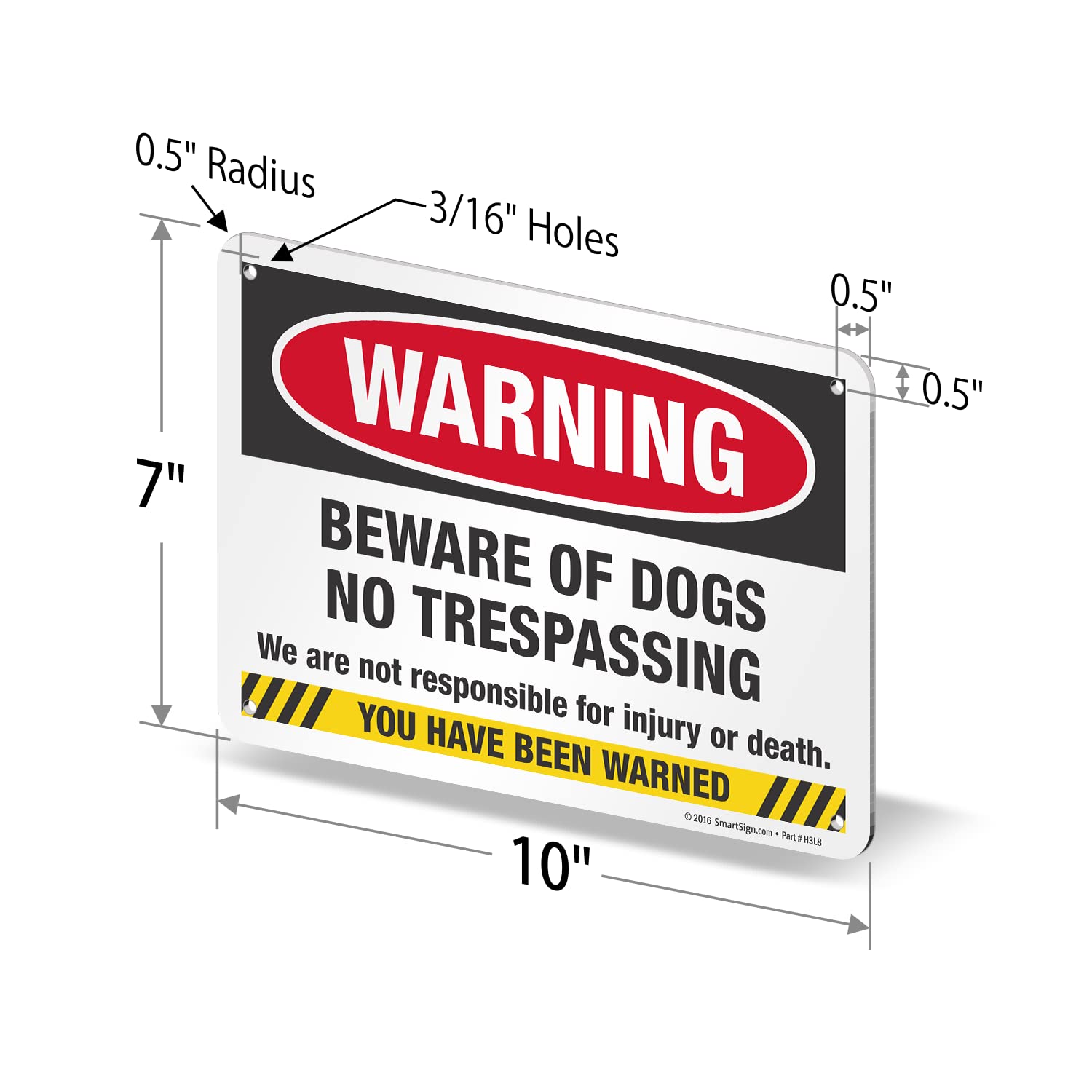 SmartSign (Pack of 4) 7 x 10 inch “Warning - Beware Of Dogs, No Trespassing, Not Responsible For Injury Or Death” Metal Sign, 40 mil Laminated Rustproof Aluminum, Red, Black,Yellow and White, USA-Made