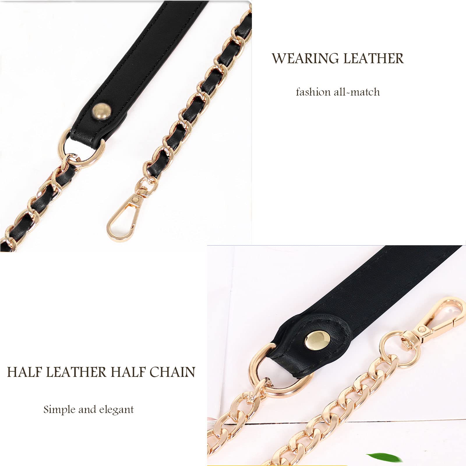 Maikaisen Wallet Chain Replacement for Shoulder Bags and Crossbody Bags, Microfiber Leather Combined with Durable Iron Chain, 51" Long Black (Black/Gold)