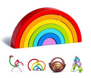 esleto wooden rainbow stacker nesting puzzle toy, creative color stacking nesting puzzle blocks, educational montessori toy set for kids boy toddlers (rainbow)