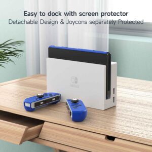 COMCOOL Dockable Case for Nintendo Switch Oled - [9 FT Military Grade Drop Protection] [with Tempered Glass Screen Protector and Thumb Grips] Cute Protective Cover for Nintendo Switch Oled - Blue