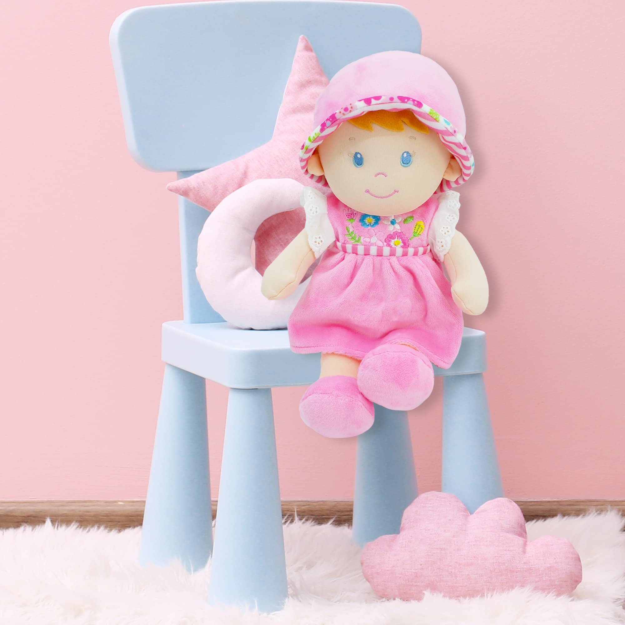 June Garden 12" Soft Dolly Emilia - Stuffed Soft Baby Doll Gift for 1 2 3 Year Old Girls - Pink Dress