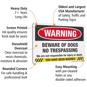 SmartSign (Pack of 4) 7 x 10 inch “Warning - Beware Of Dogs, No Trespassing, Not Responsible For Injury Or Death” Metal Sign, 40 mil Laminated Rustproof Aluminum, Red, Black,Yellow and White, USA-Made