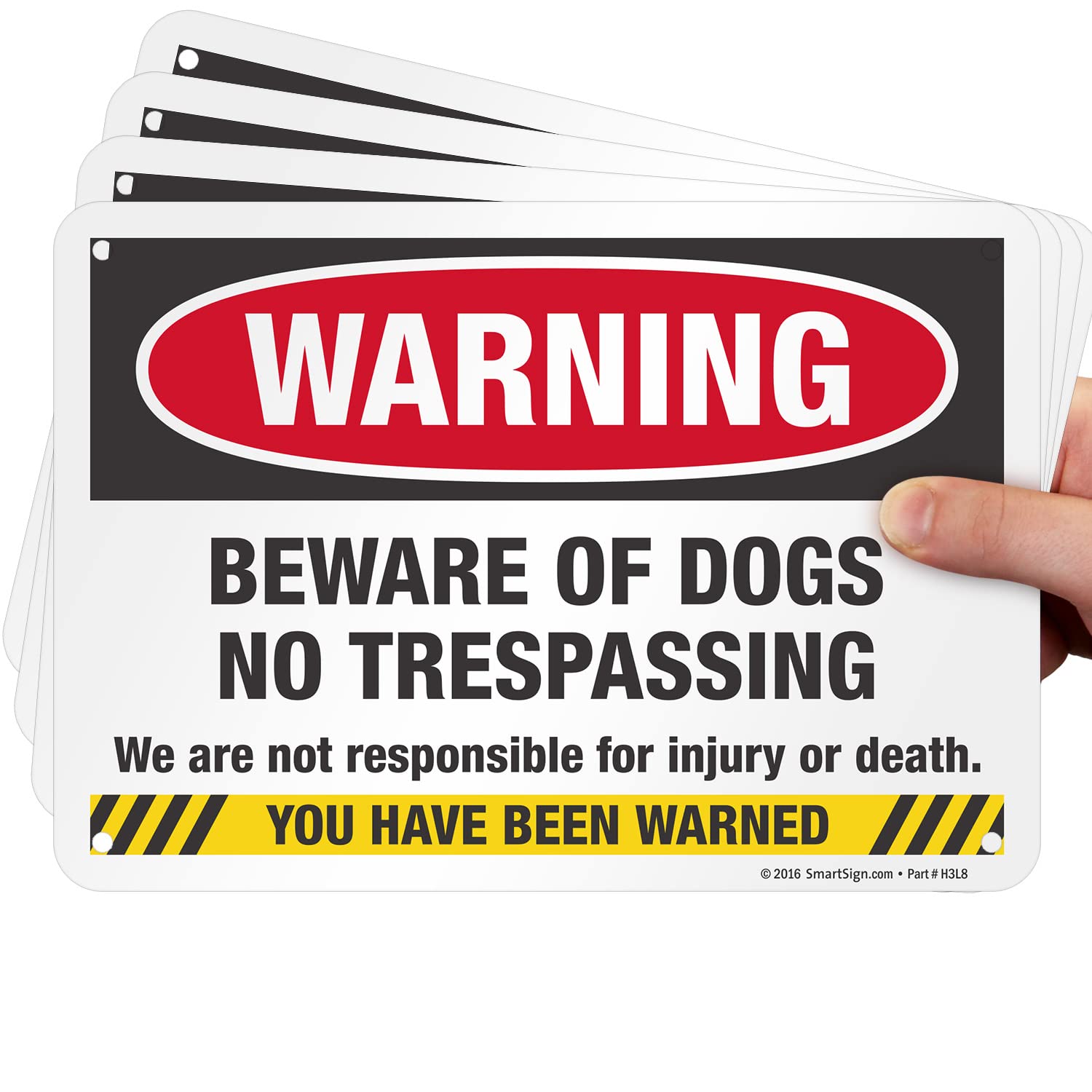 SmartSign (Pack of 4) 7 x 10 inch “Warning - Beware Of Dogs, No Trespassing, Not Responsible For Injury Or Death” Metal Sign, 40 mil Laminated Rustproof Aluminum, Red, Black,Yellow and White, USA-Made