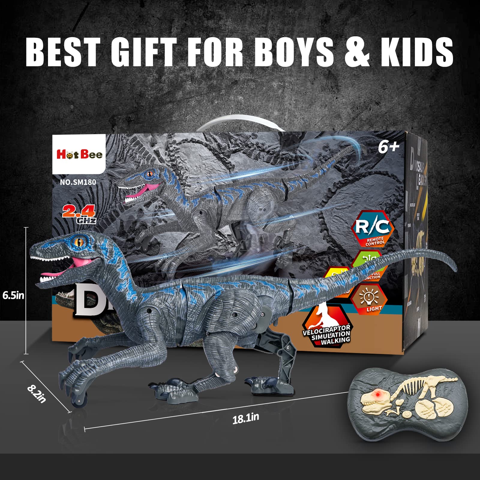 Hot Bee Remote Control Dinosaurs for Boys Age 4-7 8-12, Dionsaur Blue from Dinosaur World - Multifunction RC Robot Dinosaur Toys w/ 3D Eye ED Light, Roaring & Shaking Head, Tail Wagging