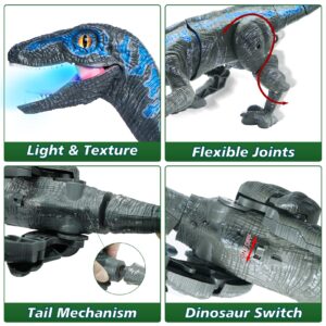 Hot Bee Remote Control Dinosaurs for Boys Age 4-7 8-12, Dionsaur Blue from Dinosaur World - Multifunction RC Robot Dinosaur Toys w/ 3D Eye ED Light, Roaring & Shaking Head, Tail Wagging