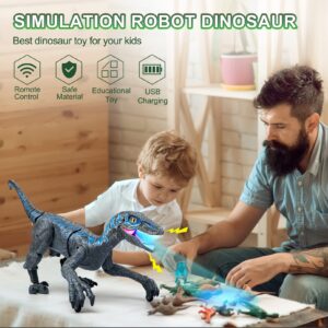 Hot Bee Remote Control Dinosaurs for Boys Age 4-7 8-12, Dionsaur Blue from Dinosaur World - Multifunction RC Robot Dinosaur Toys w/ 3D Eye ED Light, Roaring & Shaking Head, Tail Wagging