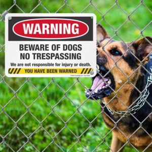 SmartSign (Pack of 4) 7 x 10 inch “Warning - Beware Of Dogs, No Trespassing, Not Responsible For Injury Or Death” Metal Sign, 40 mil Laminated Rustproof Aluminum, Red, Black,Yellow and White, USA-Made