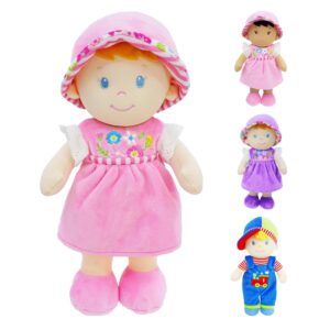 june garden 12" soft dolly emilia - stuffed soft baby doll gift for 1 2 3 year old girls - pink dress