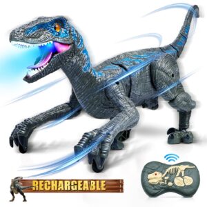 hot bee remote control dinosaurs for boys age 4-7 8-12, dionsaur blue from dinosaur world - multifunction rc robot dinosaur toys w/ 3d eye ed light, roaring & shaking head, tail wagging