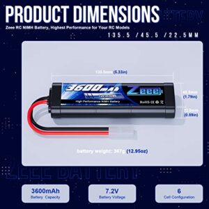 Zeee 7.2V NiMH Battery 3600mAh RC Battery High Power with Tamiya Connector for RC Car RC Truck Associated HPI Losi Kyosho Racing Hobby