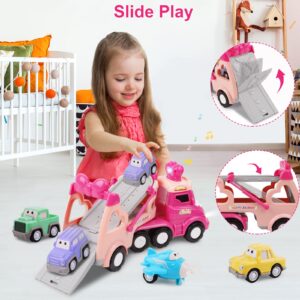 FindGood Toys for 1 2 3 Year Old Girl Pink Truck, 5-in-1 Carrier Truck Toys for Toddler Girl, Princess Toy Cars with Light & Sound, Birthday Gifts for 1 2 3 Year Old Girls