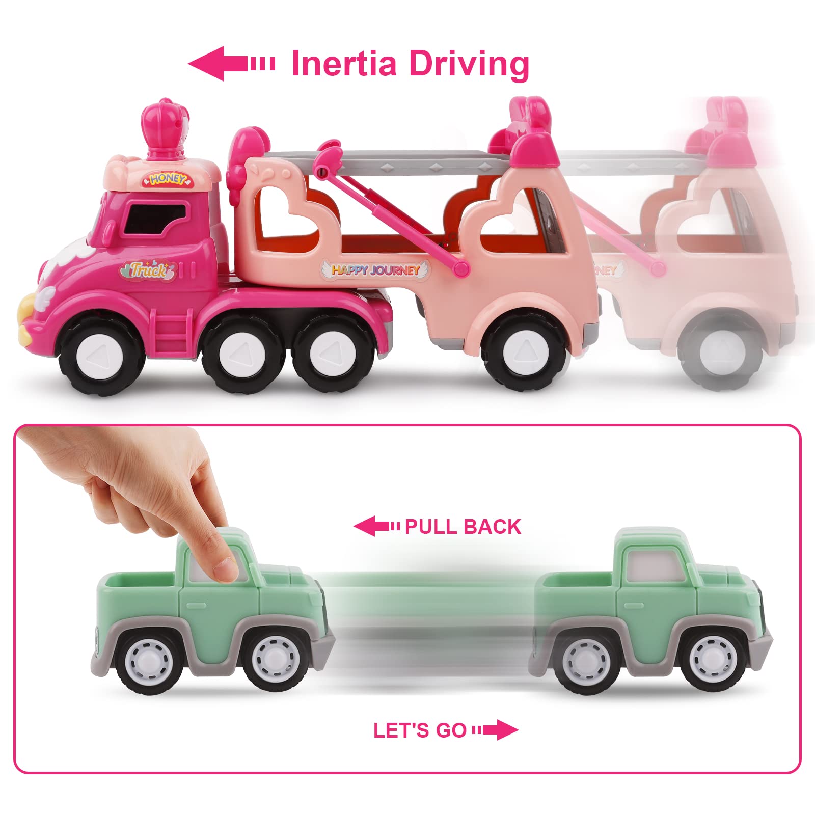 FindGood Toys for 1 2 3 Year Old Girl Pink Truck, 5-in-1 Carrier Truck Toys for Toddler Girl, Princess Toy Cars with Light & Sound, Birthday Gifts for 1 2 3 Year Old Girls